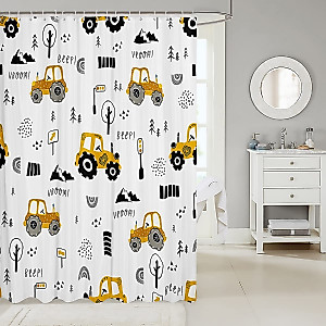 Construction Shower Curtain 72"Wx78"L,Cartoon Car Vehicles Bath Curtain for Toddler Kids,Retro Tractors Trucks Bathroom Curtain,Kawaii Yellow White Home Stalls Bathtubs Decor Boys Truck Room Decor
