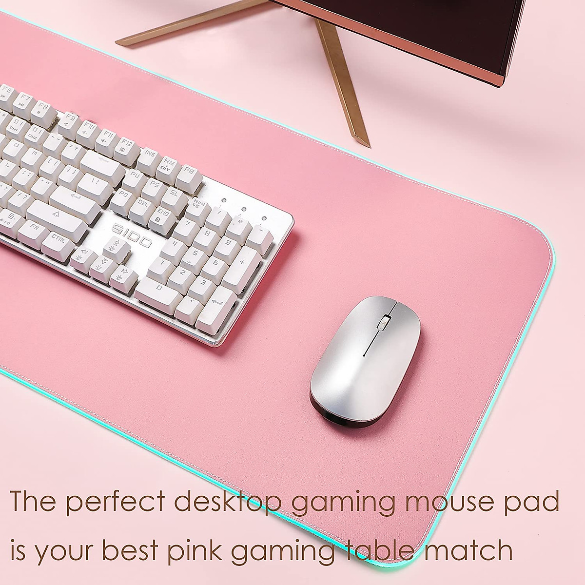 Pink RGB LED Gaming Mouse Pad, 14 Modes Glow Pad, Extra Large Gaming Mousepad，Waterproof Rubber Non Slip Cute Mat, Extended Big Keyboard and Mouse Pad Mat for Gamer, 31.5x12 x 0.16 Inch - Pink
