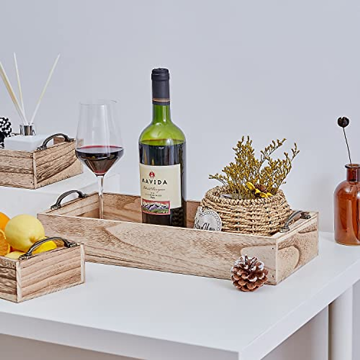 3pcs Burnt Narrow Wooden Serving Trays(13.8"/15.2"/16.5") with Decorative Antique Metal Handles - Sink Vanity Trays/Farmhouse Decor Rectangular Tray for Coffee Table/Bed Food,Breakfast,Dessert,Tea