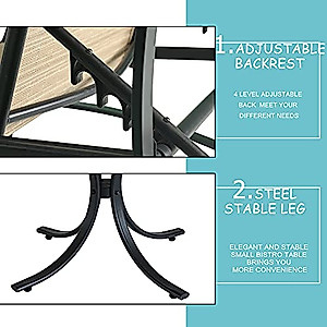 LOKATSE HOME Adjustable Patio Chaise Lounge Set of 2, Outdoor Textiline Reclining Chairs with 1 Glass Top Bistro Table Sturdy Metal Frame for Backyard Porch Poolside, Beige