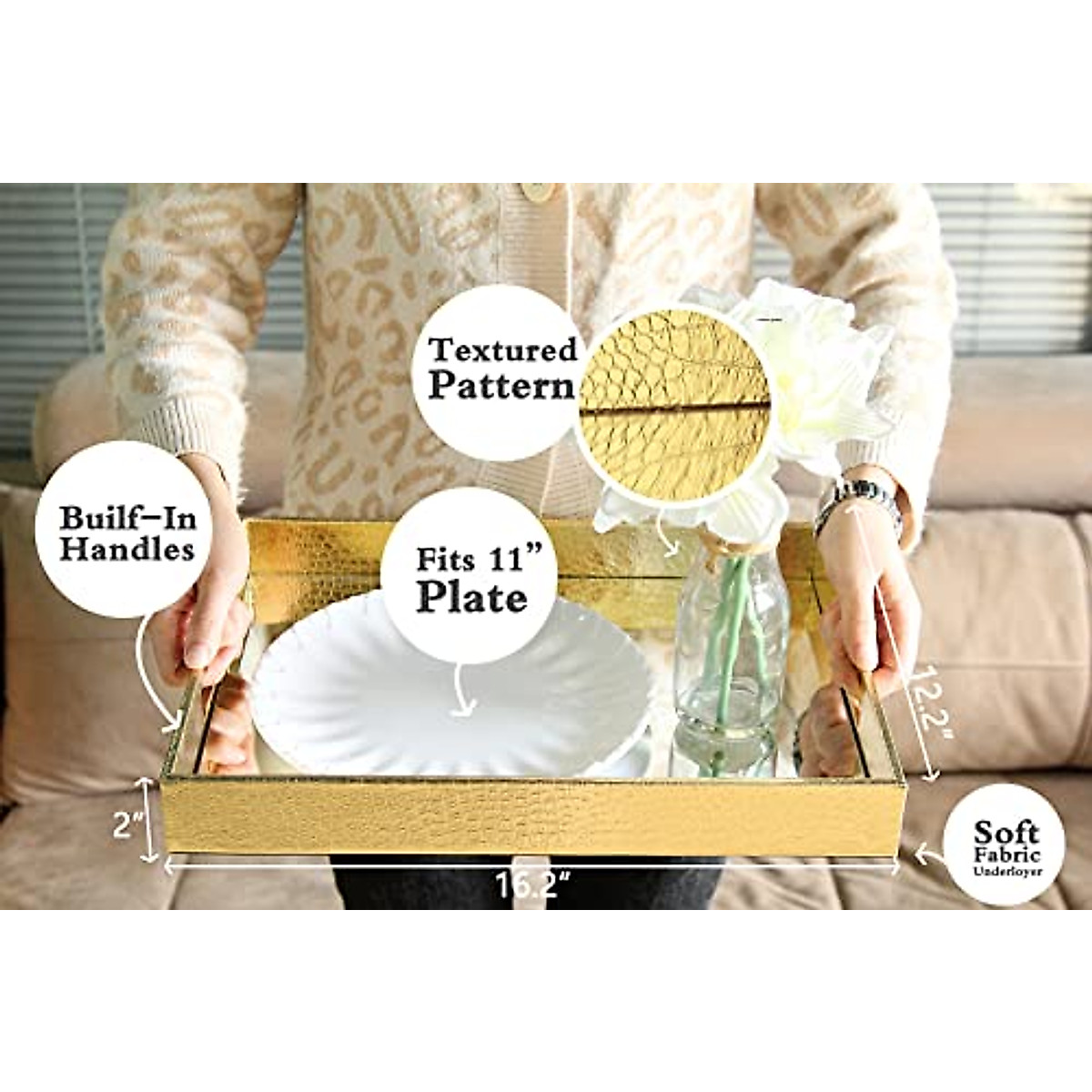 Vixdonos Decorative Mirror Tray Gold Serving Tray Bathrooom Vanity Tray for Makeup,Candle Holders,16.2'' X 12.2" X 2''