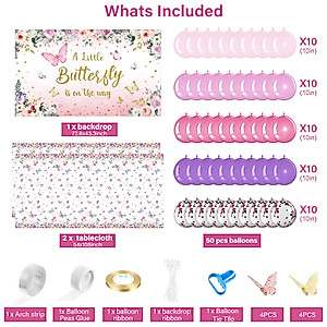 Butterfly Baby Shower Decorations Set a Little Butterfly Is on the Way Photography Backdrop Pink Purple Balloon Garland Arch Kit Butterfly Tablecloths for Baby Girls Shower Supplies Decor