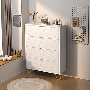 ADOFFUR White Dresser for Bedroom, Wood Tall 4 Drawers Dresser with Metal Handles and Legs, Modern Dressers & Chest of Drawers with with Anti-Tipping for Bedroom, Living Room, Hallway, Entryway