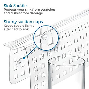 iDesign Euro Plastic Saddle, Glassware and Sink Protector for Kitchen, Bathroom Pots, Pans, Dishes, 11" x 12", Clear