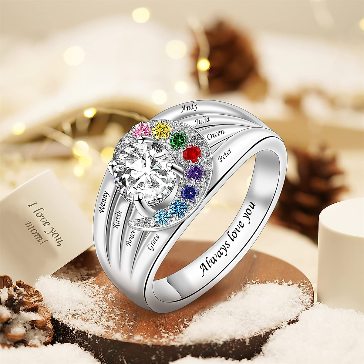 BAUMA AUTO Personalized Mothers Rings with Birthstones Custom Name Rings for Women Birthstone Family Rings for Mom Grandma Wife