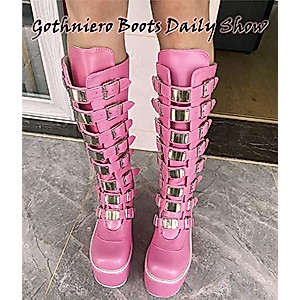 Gothniero Platform Boots Pink Goth Boots Chunky Heel Gothic Holographic Booties Knee High Women Combat Motorcycle Boots with Buckles Size 5-11