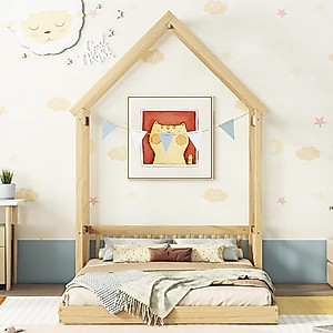 Bellemave Full Size Floor Bed for Kids, Montessori House Bed Frame with House Shape Roof and Semi-Fence, Wood Floor Bed for Boys, Girls, Low to Ground Height, Natural