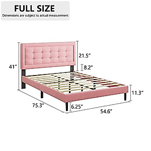 Lijimei Full Size Bed Frame with Button Tufted Headboard, Platform Upholstered in Velvet Fabric,Mattress Foundation with Wooden Slats Support, Easy Assembly, No Box Spring Needed, Pink Velvet