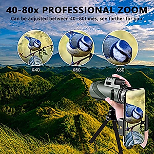 80x100 Monocular-Telescope Low Night Vision Monoculars High Definition for Adults High Powered with Smartphone Adapter Telescope Hunting Wildlife Bird Watching Travel Camping Hiking