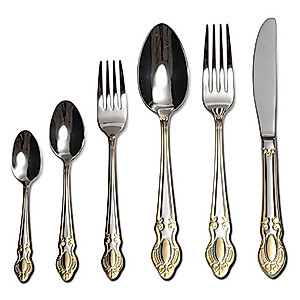Venezia Collection "Michelangelo" 75-Piece Fine Flatware Set, Silverware Cutlery Dining Service for 12, Premium 18/10 Surgical Stainless Steel, 24K Gold-Plated Hostess Serving Set, Wooden Storage Case