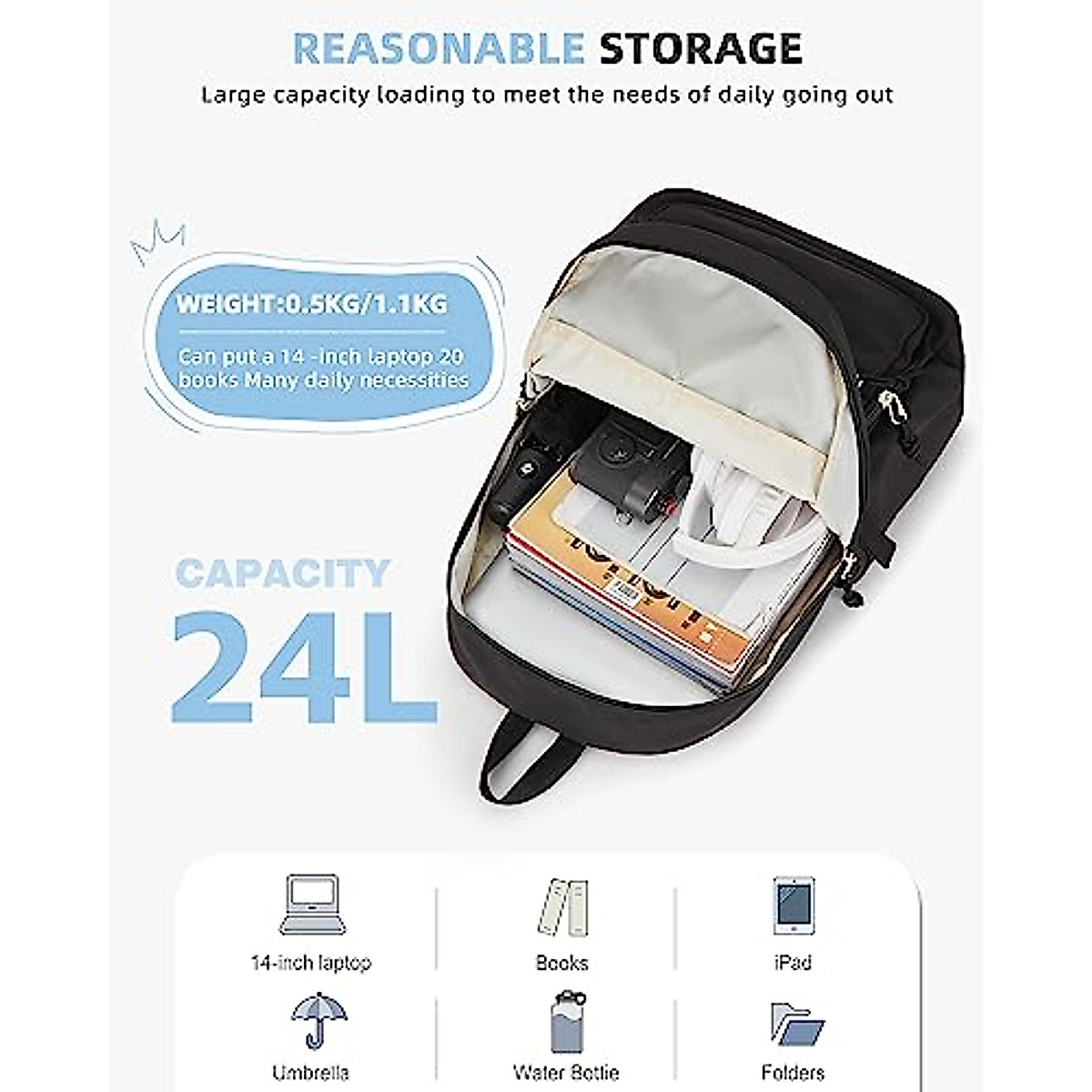 Lightweight School Backpack for Women Men, Laptop Travel Casual Daypack College Secondary School Bags Bookbag for Teenage Girls Boys, Black