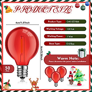 LEIFIDE 50 Pcs G40 Globe Replacement Light Bulbs LED Outdoor String Light 1w for Christmas Plastic Bulb with C7 E12 Candelabra Screw Base Indoor Patio Lights Decor (Red)