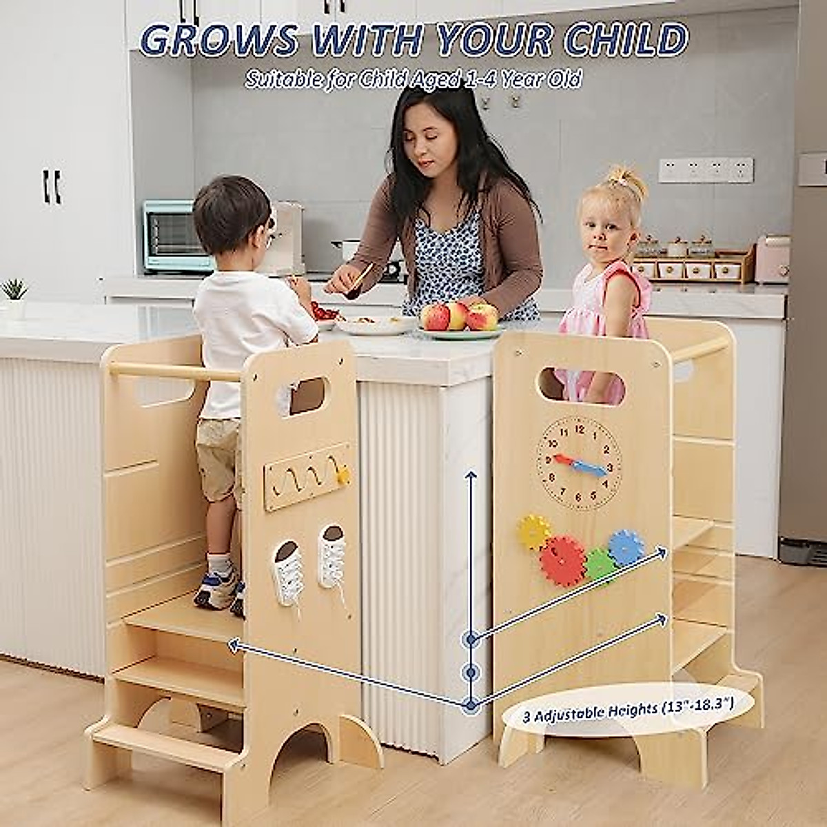 Learning Tower, JUZBOT 4 in 1 Toddler Tower Kitchen Stool Helper Wooden Height Adjustable Standing Tower for Kitchen Counter with Slide, High Chair, Chalkboard Montessori Activities