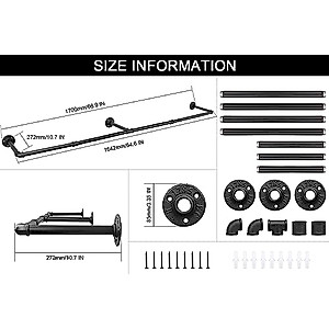 Livabber Industrial Pipe Clothes Rack, Heavy Duty Detachable Iron Garment Rack Wall Mounted, Rustic Saving Space Clothes Bar Multi-Purpose Hanging Rod for Bedroom, Closet, Black (60 Inch)