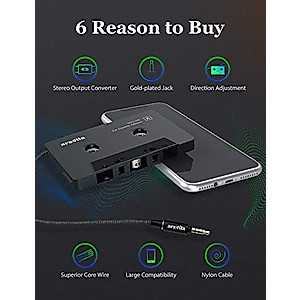 arsvita Car Audio Cassette to Aux Adapter with Upgrade 3.5 MM Aux Plug, Auxiliary Nylon Cable Tape Adapter, Black