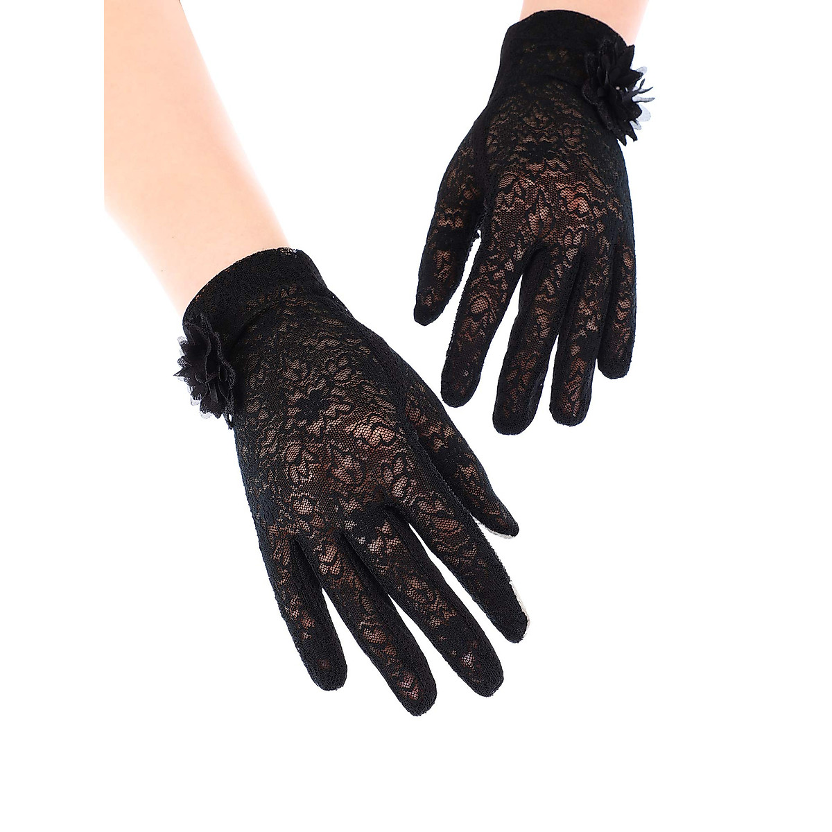 3 Pairs Women Lace Gloves Dress Gloves Floral Lace Gloves for Tea Party Wedding Dinner(Black, White, Skin Color)