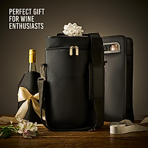 Wine Chiller Cooler Bag - Insulated Tote for 2 Bottles, Perfect Wine Accessories and Gifts, Black with Silver Buckles