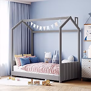 Bellemave House Beds Twin Size Velvet Montessori Bed for Kids Upholstered Floor Bed Frame with Headboard & Footboard for Girls Boys Teens, Gray