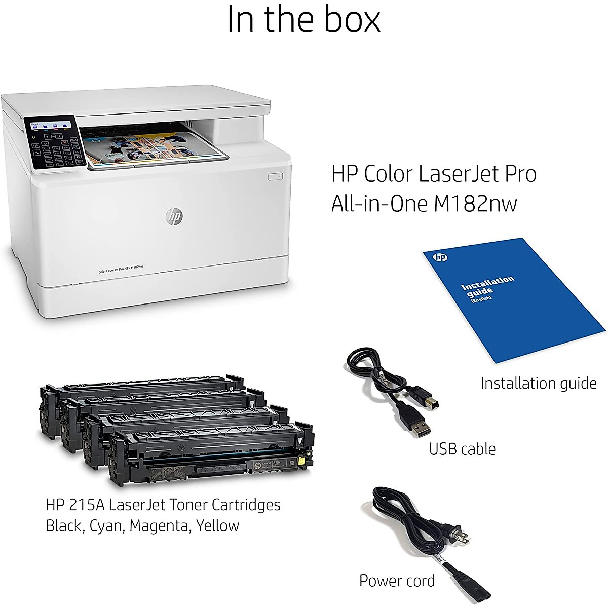 HP Color Laserjet Pro MFP M182nw All-in-One Wireless Laser Printer - Print Scan Copy - 17 ppm, 600 x 600 dpi, 256MB Memory, Photo Printing, 8.5 x 14, 2-Line LCD, Ethernet, White, Cbmou Printer Cable