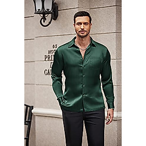 COOFANDY Men's Luxury Dress Shirts Long Sleeve Satin Silk Like Button Down Shirt Party Weddding Prom Army Green, Medium