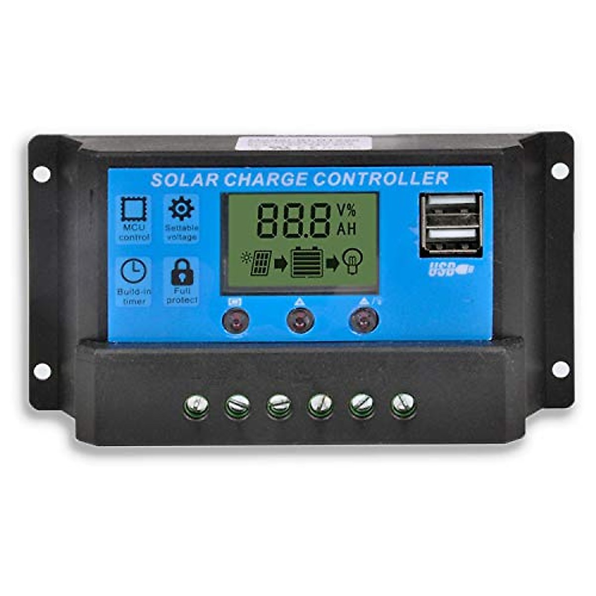20A Solar Charge Controller, Solar Panel Charge Controller Intelligent Regulator with Dual USB Port 12V/24V,PWM Auto Paremeter Adjustable LCD Display Blue