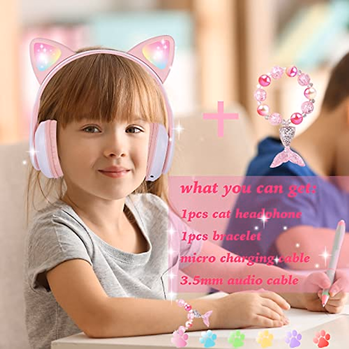 kuyaon Wireless Headphones for Kids, Cat Ear LED Light Up Bluetooth Kids Headphones with Microphone for School/Travel/Sports/Gaming/Gifts/Christmas (Pink)