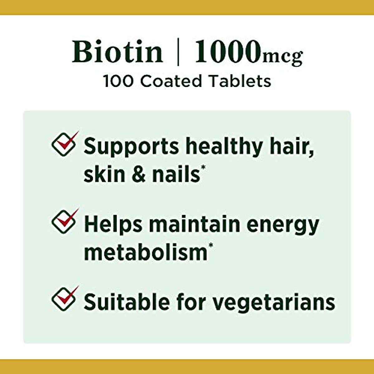 Biotin by Nature's Bounty, Vitamin Supplement, Supports Metabolism for Cellular Energy and Healthy Hair, Skin, and Nails, 1000 mcg, 100 Tablets