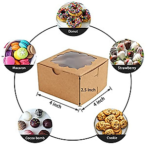 NPLUX 50pcs Cookie Boxes with Window Bakery Boxes Small Treat Boxes Mini Pie Boxes Pastry Boxes 4x4x2.5in(Brown)