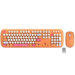 Colorful Wireless Computer Keyboards Mouse Combos, UBOTIE Polychrome Round Keycaps Retro PC Keyboards 2.4GHz Radio Frequency Connection with Optical Mouse(Orange-Colorful)