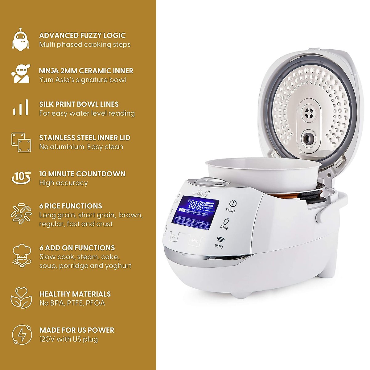 Yum Asia Sakura Rice Cooker with Ceramic Bowl and Advanced Fuzzy Logic (8 Cup, 1.5 Litre) 6 Rice Cook Functions, 6 Multicook Functions, Motouch LED Display, 120V Power (White and Siver)