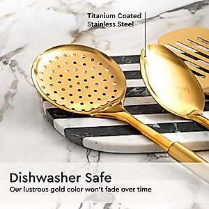 Brass/Gold Cooking Utensils Set for Modern Cooking and Serving - 5 PC Dishwasher Safe Stainless Steel Gold Utensils Set - Gold Serving Spoon, Gold Ladle - Gold Kitchen Utensils for Gold Kitchen