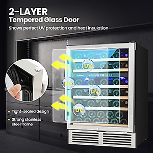 COSTWAY 24 Inch Wine Cooler, 51 Bottles Dual Zone Wine Refrigerator w/Stainless Steel Tempered Glass Door & Safety Lock, Built-in or Freestanding Mini Wine Fridge for Home Bar Office