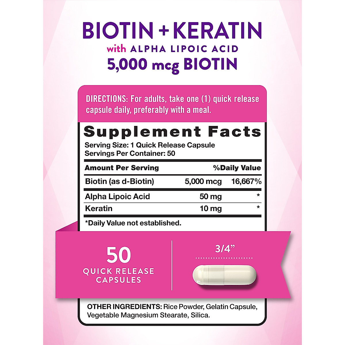 Biotin 5000 mcg | 50 Capsules | With Keratin and Alpha Lipoic Acid | Non-GMO & Gluten Free Supplement | by Nature's Truth