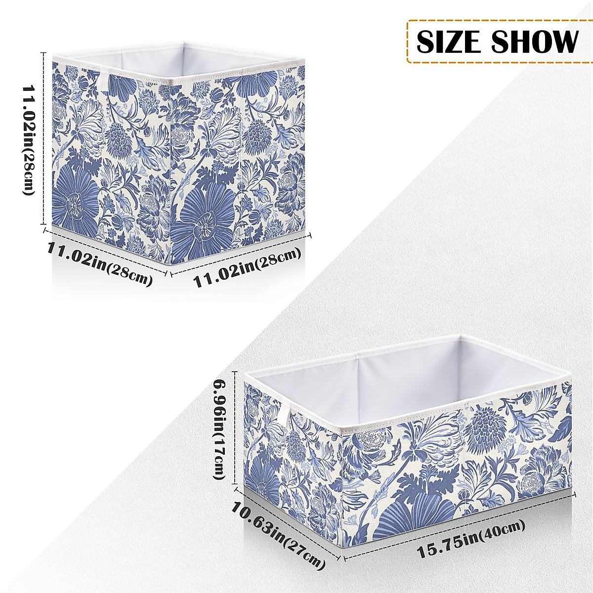 Kigai Fabric Cube Storage Bins Foldable Storage Box Waterproof Storage Cubes Organizer with Handles Storage Basket for Shelves, Home, Office, Nursery, 11"x11"x11", Blue Flowers