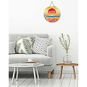Welcome Wood Wall Hanging Sign (10"x10"), Japanese Mount Fuji Cherry Blossom Sunset Welcome Sign for Front Door, Round Hanging for Home Office Kitchen Farmhouse Garden