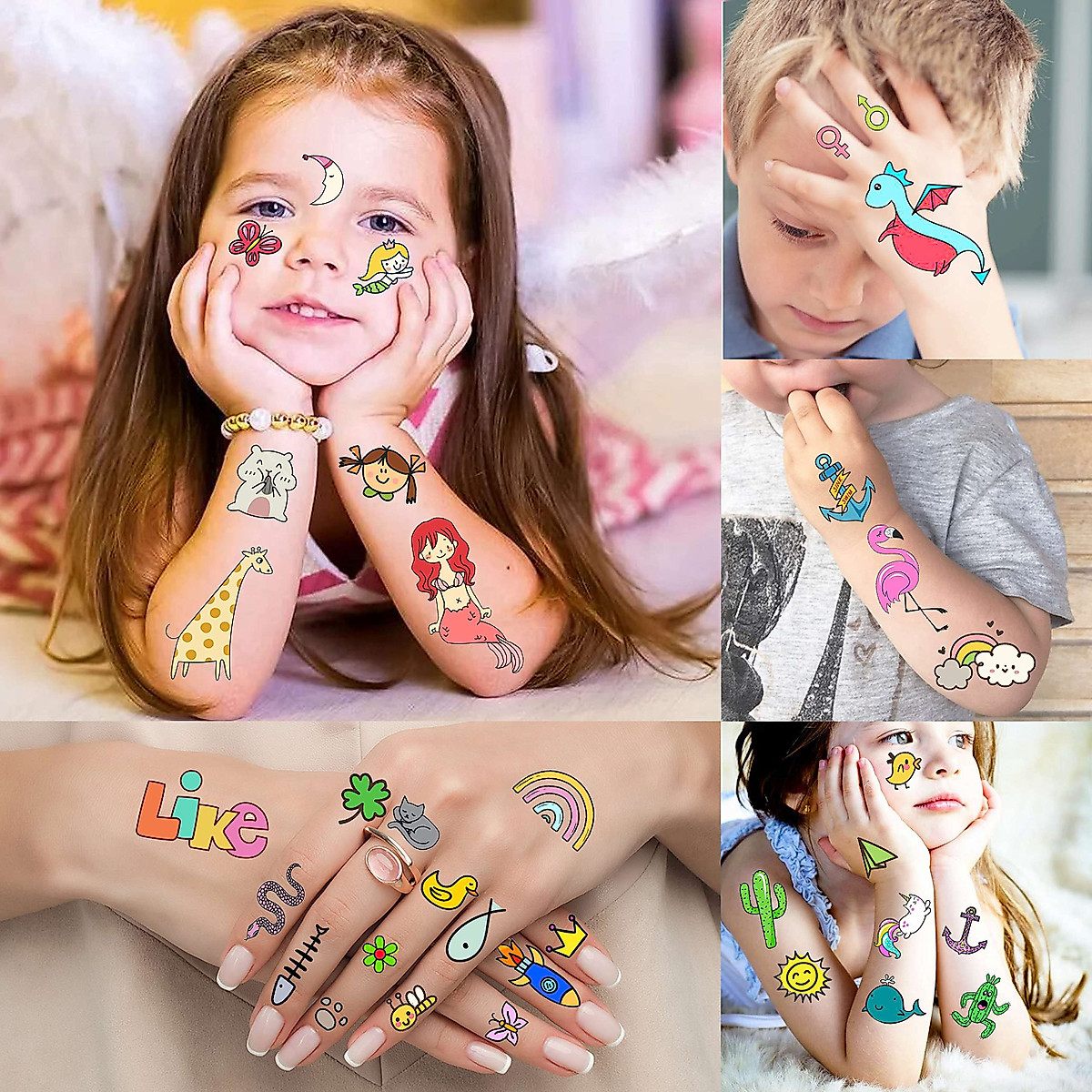 COKTAK 50 Sheets 800+ Patterns 3D Cute Temporary Tattoos For Kids Boys Girls Summer Style Cartoon Unicorn Dinosaur Small Temporary Tattoos Mermaid Animals Party Fake Tattoo Stickers Children Body Face