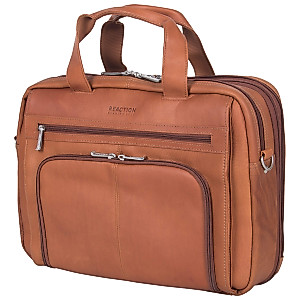 Kenneth Cole Reaction Manhattan Colombian Leather Briefcase Expandable RFID 15.6" Laptop Portfolio Shoulder Bag, Cognac, One Size