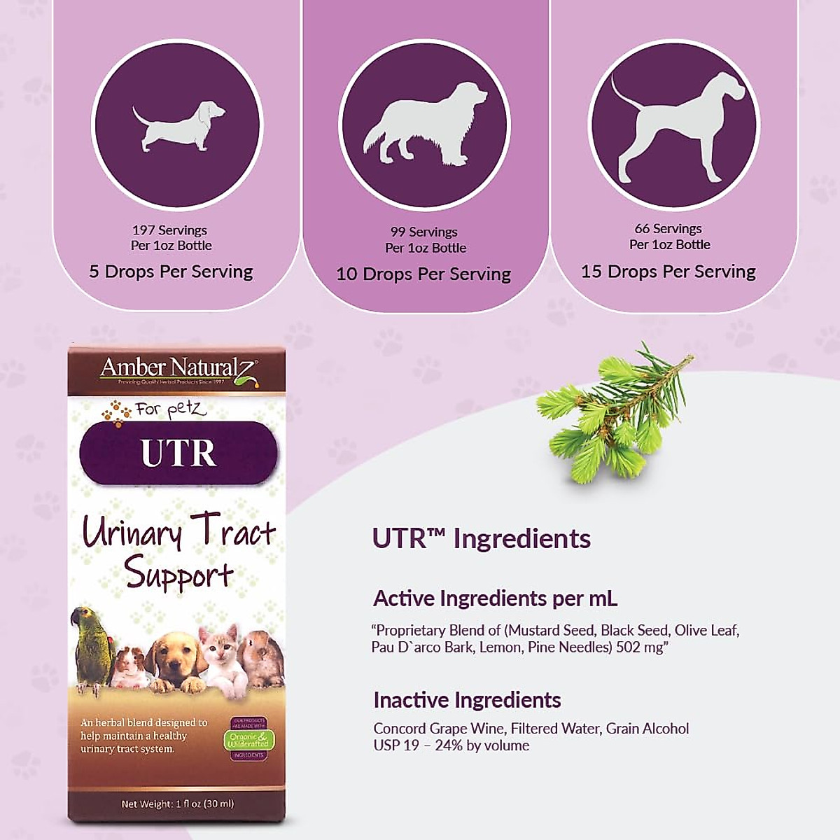 Amber NaturalZ UTR Urinary Tract Herbal Supplement for Dogs, Cats, Birds, Guinea Pigs, and Rabbits | Pet Herbal Supplement for Bladder Support | 1 Fluid Ounce Glass Bottle | Manufactured in The USA