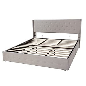 IMUsee King Size Platform Bed Frame with Lifting Storage, Button Tufted Headboard with Wingback, Underneath Storage Space, Fabric Upholstered, No Box Spring Needed, Light Beige