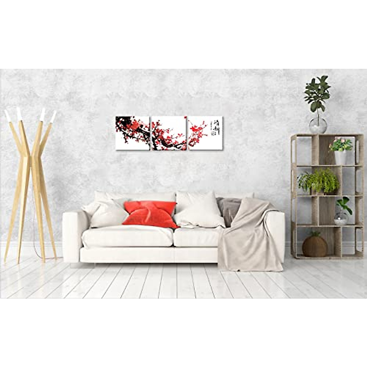 NAN Wind Small Size Traditional Chinese Painting of Red Plum Blossom Canvas Prints 3 Pcs Calligraphy Art Paintings Wall Art Poem Print Painting Framed 12x12inches 3pcs/set