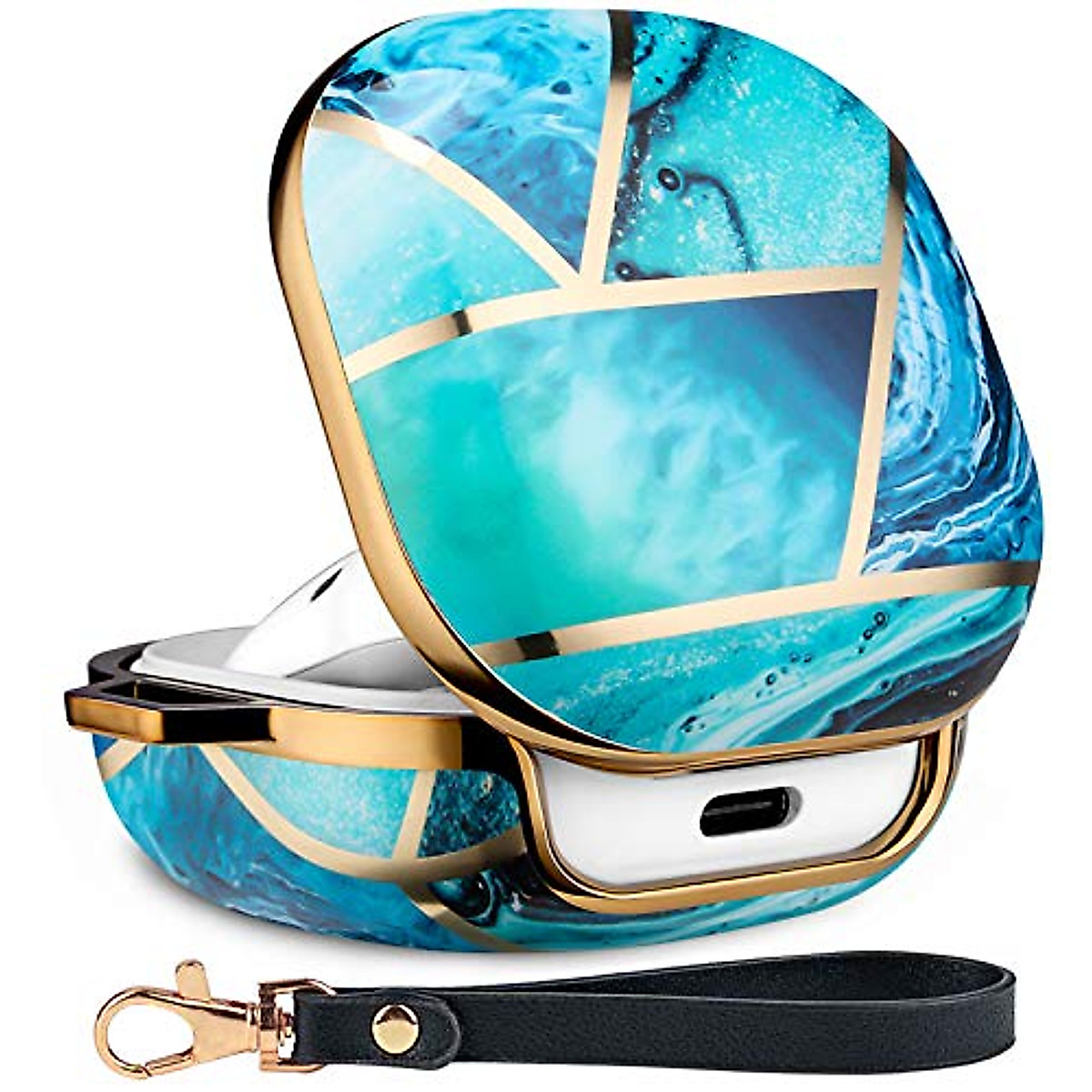 YOMPLOW Case Compatible with Samsung Galaxy Buds Live/Buds Pro - 2021 Hard Carrying Case Protective Wireless Charging Cover Skin with Keychain for Women&Girls (Blue Marble)