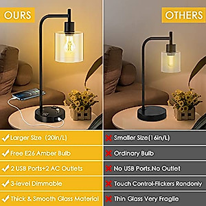 Upgraded Table Lamp, Fully Stepless Dimmable Desk Lamp with 2 USB Charging Ports and 2 AC Power Outlets, Modern Bedside Lamp with Glass Shade for Bedroom, Living Room, Office (Bulb Included)