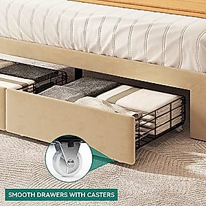 YITAHOME Queen Size Bed Frame, Platform Bed Frame with Storage Drawers, Upholstered Bed Frame with Headboard Built-in 2 USB Charging Stations and Strong Wood Slats Support, No Box Spring Needed, Beige
