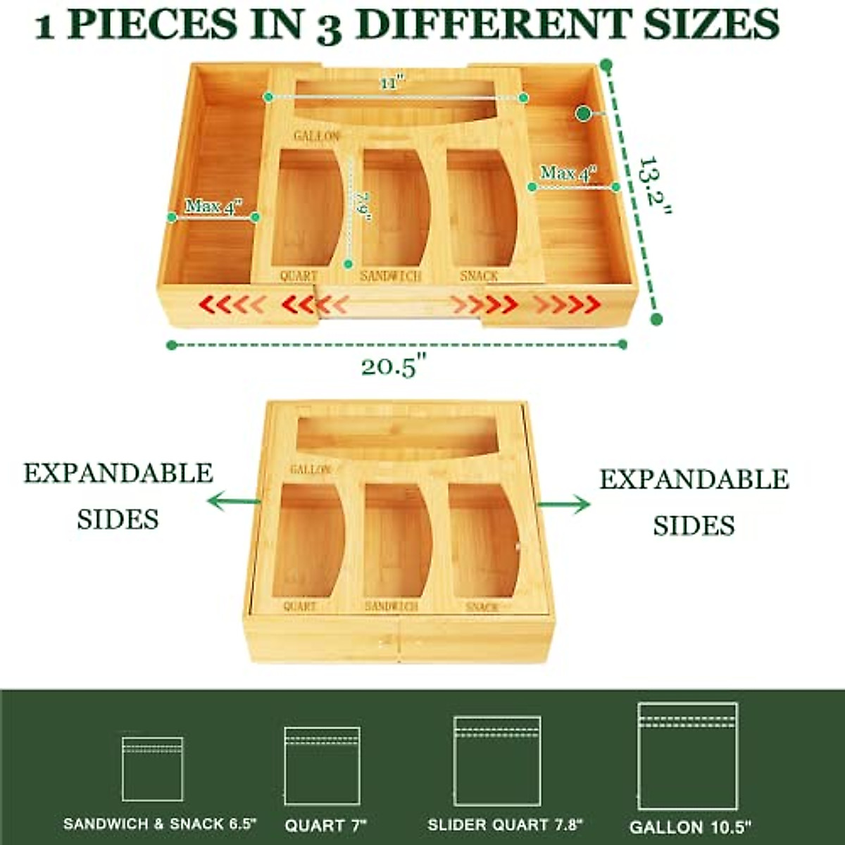 Expandable Ziplock Bag Storage Organizer for Kitchen Drawer, 1 Box 6 Slots Bamboo kitchen Ziplock Bag Organizer and Dispenser Suitable for Gallon, Quart, Sandwich & Snack Variety Size Bag, Cling Film