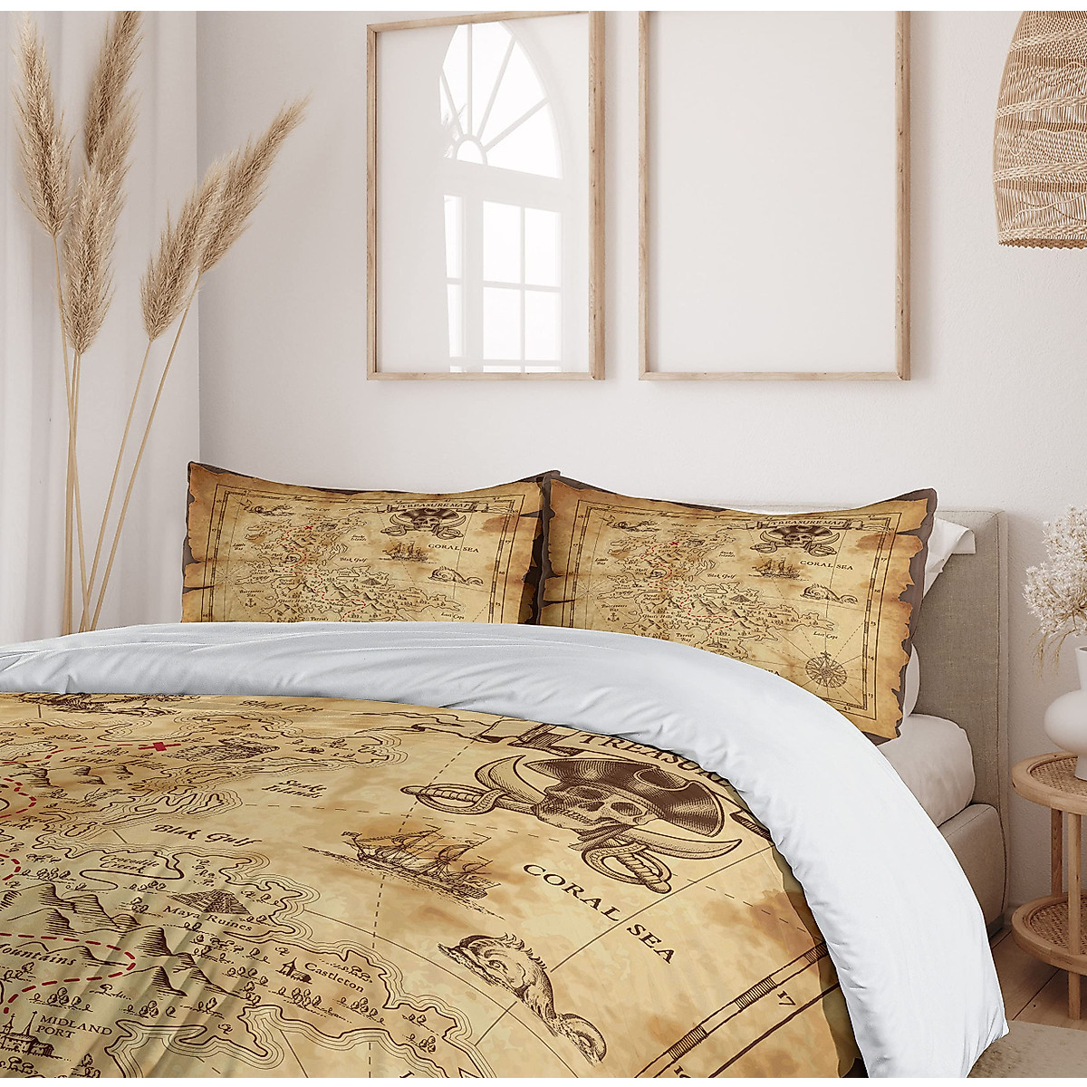 Ambesonne Island Map Duvet Cover Set, Super Detailed Treasure Map Grungy Rustic Pirates Gold Secret Sea History Theme, Decorative 3 Piece Bedding Set with 2 Pillow Shams, Queen Size, Beige Brown