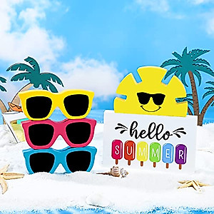 5 Pcs Summer Tiered Tray Decor Set Hello Summer Wooden Sign Sunglasses Sunshine Wood Decor Summer Table Signs Decorations for Summer Beach Holiday Party Home