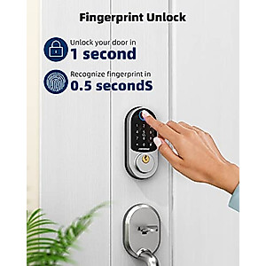 Keyless Entry Door Lock, Zomnua Fingerprint Smart Front Door Locks with Keypads, Smart Digital Biometric Electric Deadbolt Lock with Auto Lock, Fob, Code, Touchscreen,Silver