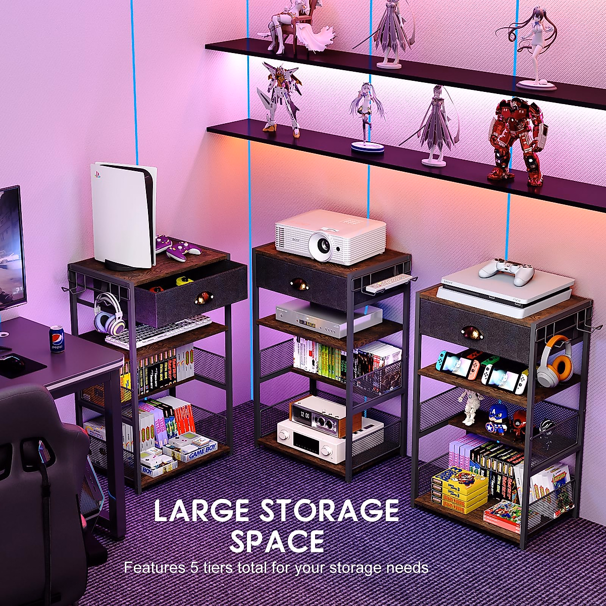 Hongtamoya 4-Tier AV Media Stand with Drawer, Video Game Console Shelf with 2 Hooks, Audio Rack Tower Perfect for/Xbox/ PS5/Switch/Game Consoles/DVD/Record Player/Projector/Sky Box/TV Accessories