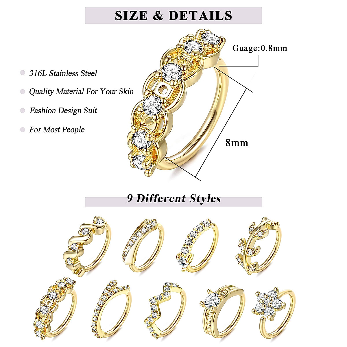 UBGICIG 9Pcs 20G Stainless Steel Nose Rings Hoop for Women Men Paved CZ Cute Cartilage Helix Earrings Hoop Body Piercing for Nose Ear Gold Silver Plated (Gold)