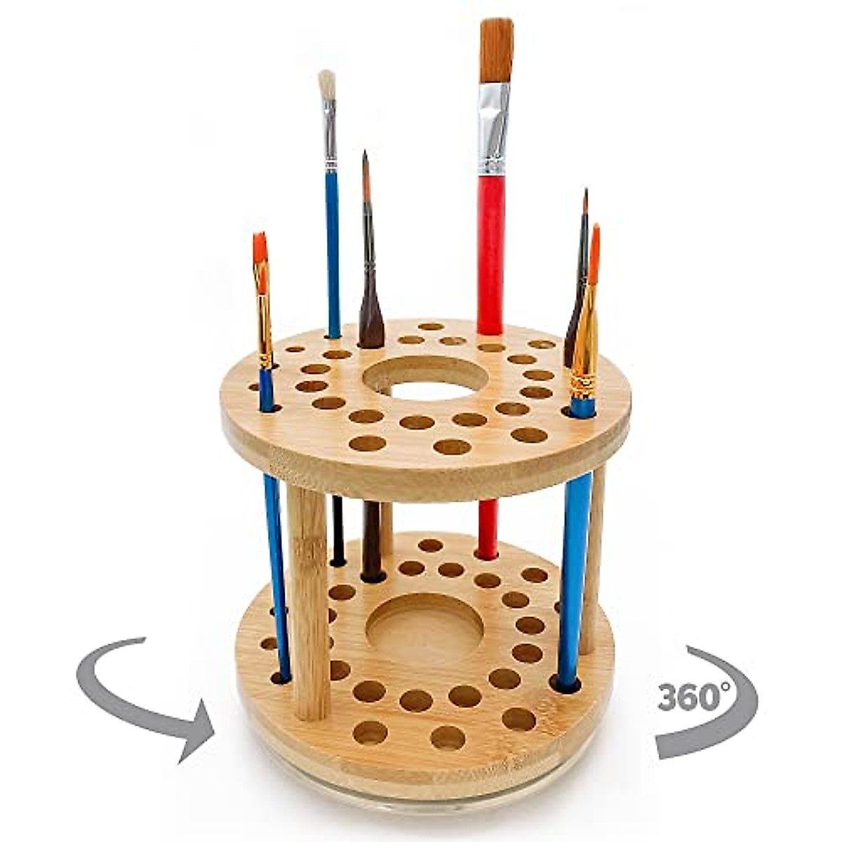 Paint Brush Holder 360 Rotating Bamboo Display Drying Stand Watercolor Coloring Brush Organizer Display Stand Tray Rack with 29 Holes（1 Big Hole 23 middle Holes 5 Small Holes）
